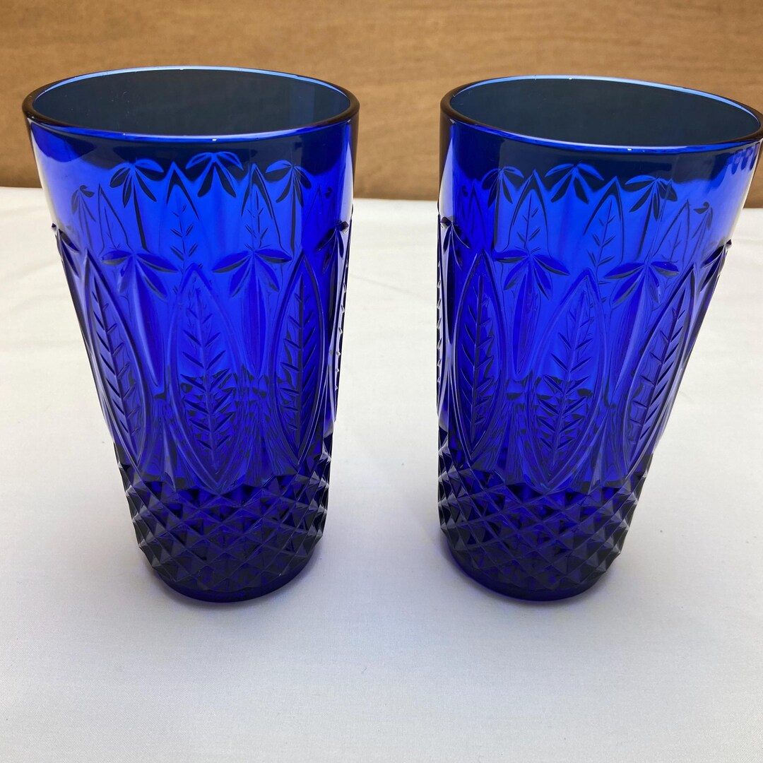 Avon Royal Sapphire Cobalt Blue Glass SET of 2 Tumblers Leaf Diamond - Etsy