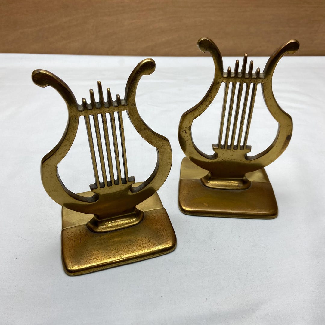 SET of 2 Music Harp Lyre Solid Brass Cast BOOKENDS 6" High Perfect for ...