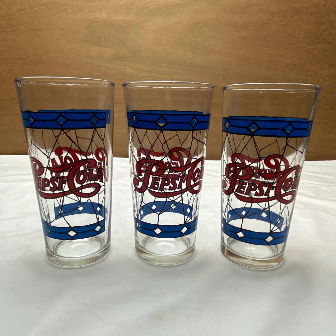 Pepsi Cola Tiffany Style Script Drink Glass SET of 3 Tumblers 14 Oz. 6. ...