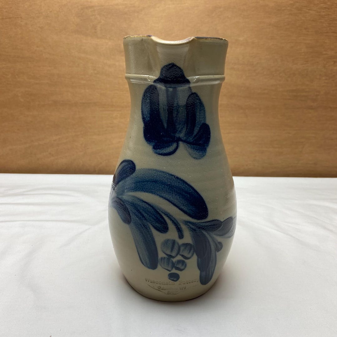 Wisconsin Pottery 9.5" Pitcher Vase With Handle Blue Glaze Artwork 1987 ...