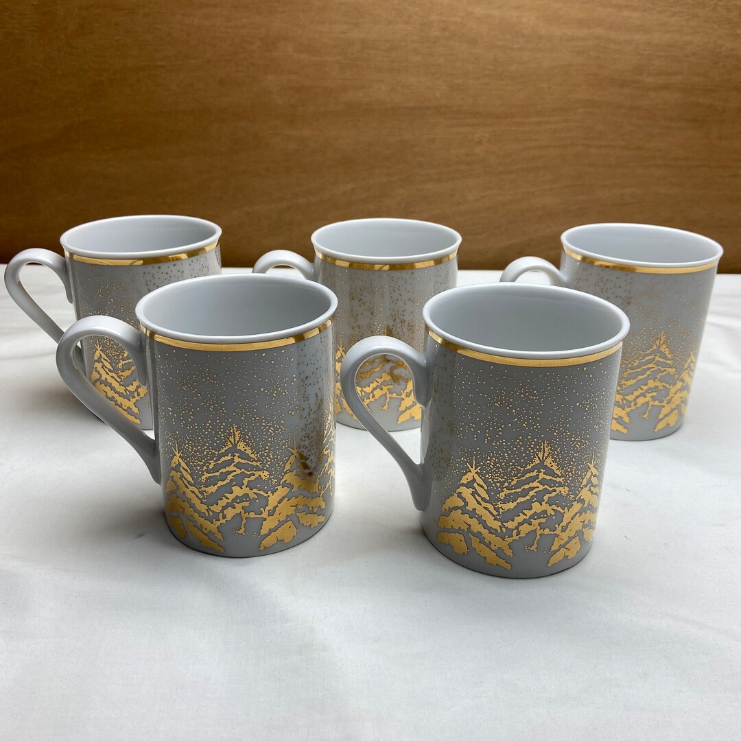 SET of 5 Dansk Golden Pine Coffee Mugs 4" High X 3.25" Diameter White ...