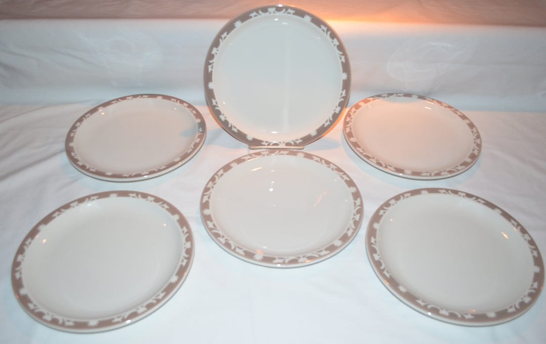 SET of 6 Dinner 9.25 Inch Plates Nutmeg Syracuse China White China ...