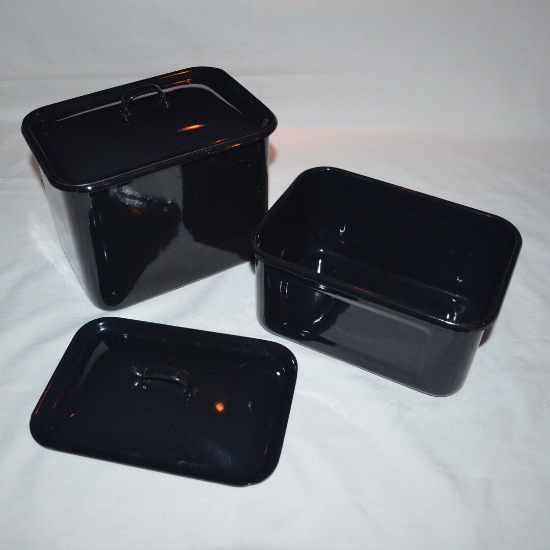 4 Piece Set - 2 Containers 2 Lids - Vintage Black Enamelware Containers ...