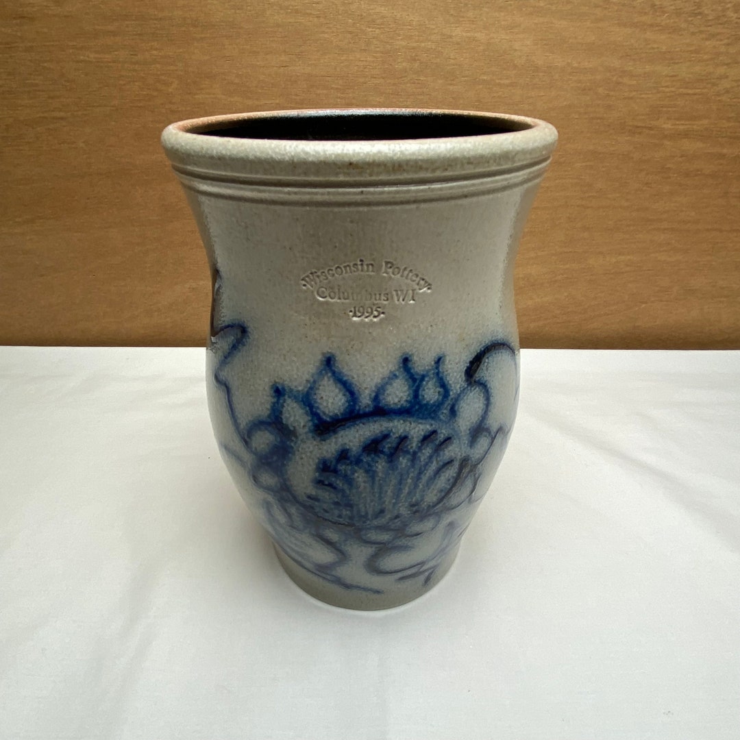Wisconsin Pottery 7.25" Pitcher Vase With Handle Blue Glaze Artwork ...
