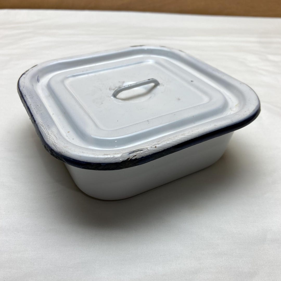 Vintage Small Square White Enamelware Pan and Cover With Dark Blue Trim ...