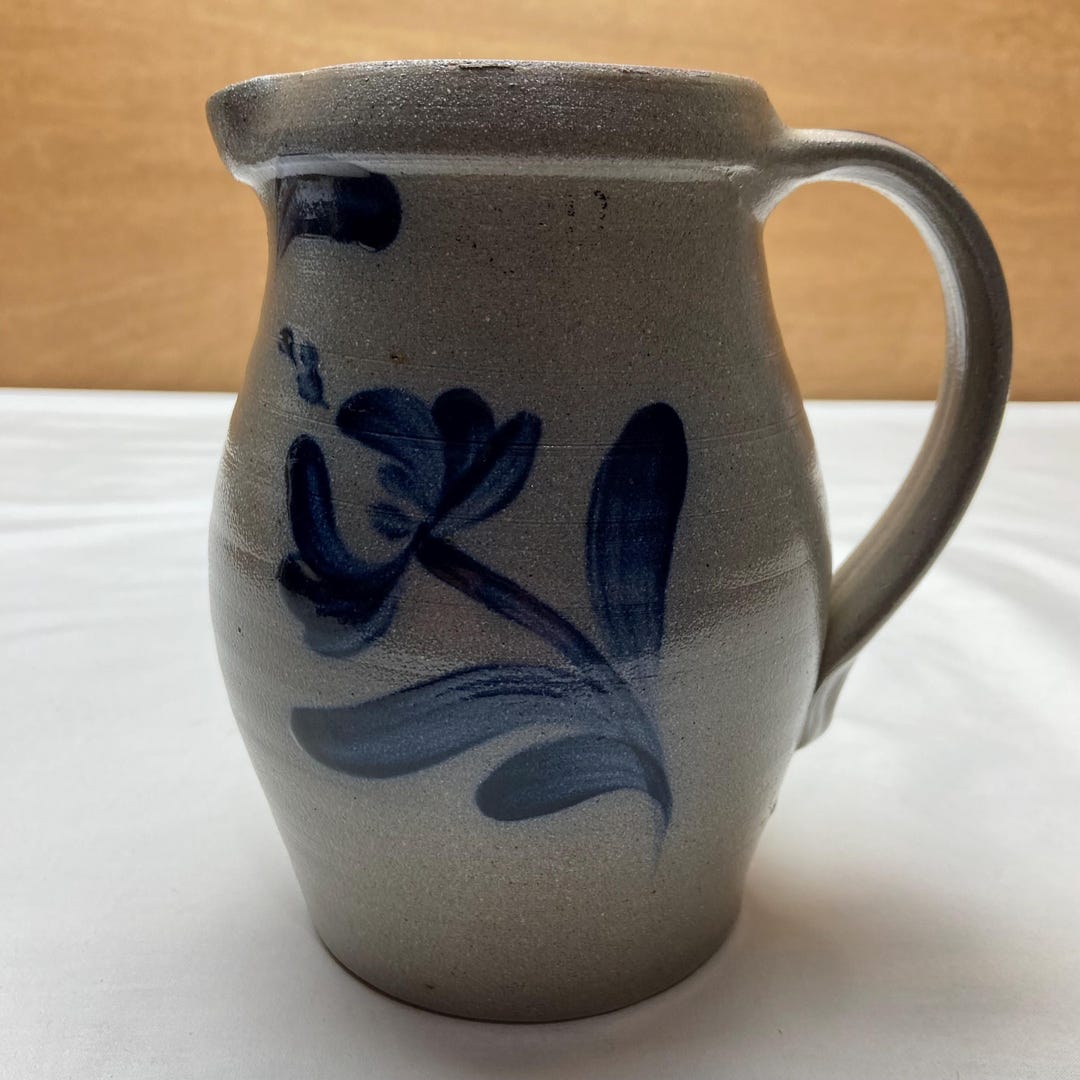 Rowe Pottery 6.25 Pitcher With Handle Blue Flower Pattern 1995 Date ...