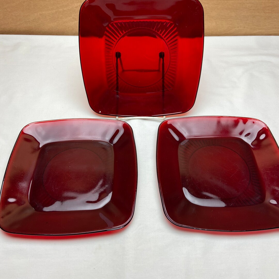 SET of 3 Charm Pattern Ruby Red Plate Glass Luncheon Plates 8 1/4 ...