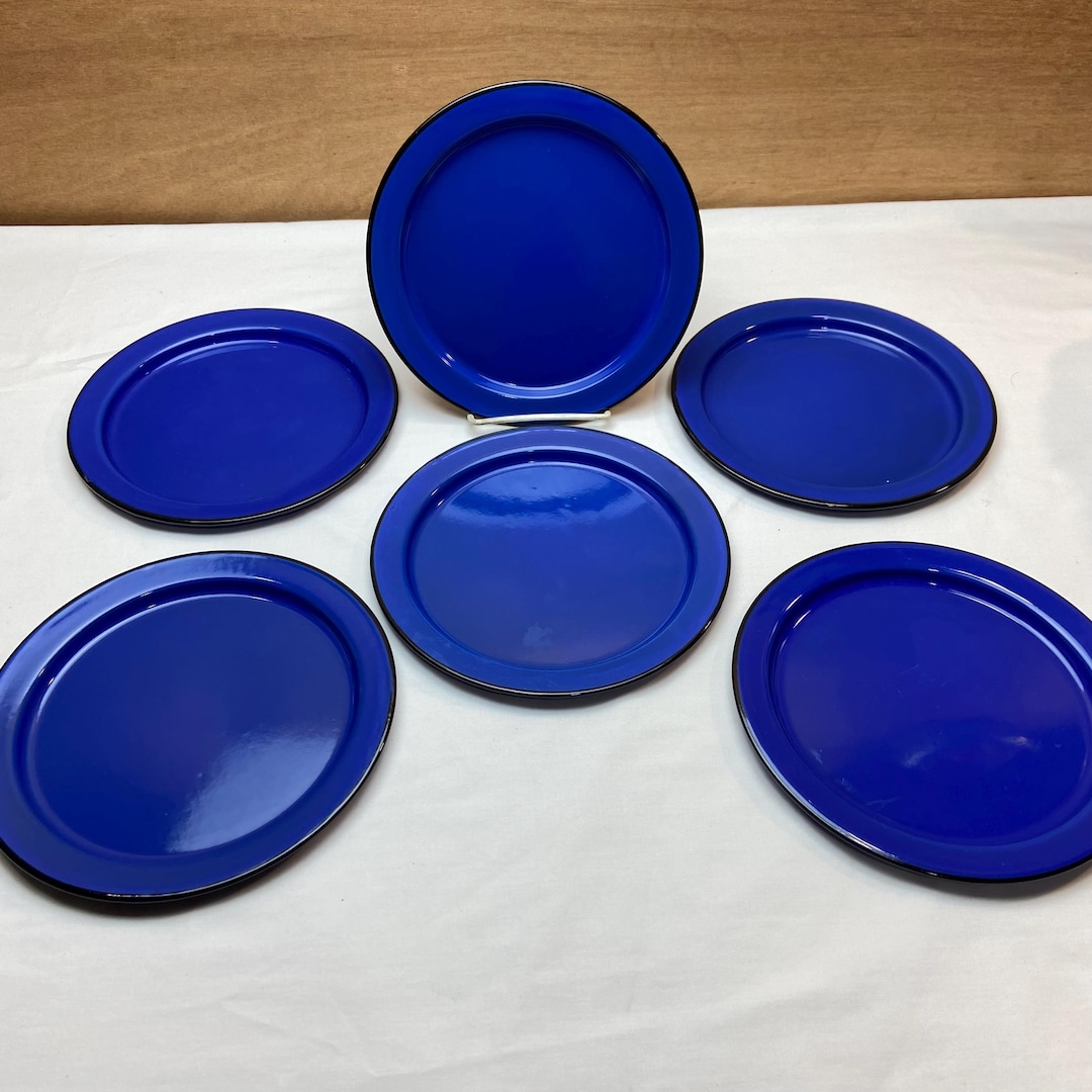 Blue Enamel Plates Made in Japan 8.25" Diameter Black Edge Trim - SET ...