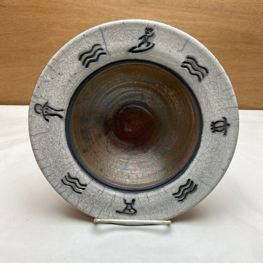 Maui Clay PETROGLYPH ART Hawaii Pottery Bowl Volcano Fire Raku Artist C ...