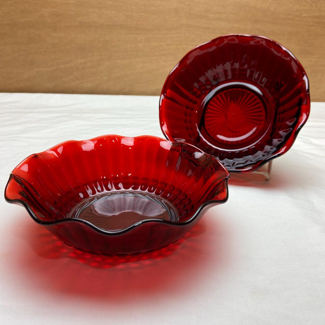 Ruby Red Glass Scalloped Ruffled Bowls SET of 2 Royal Ruby Vintage ...