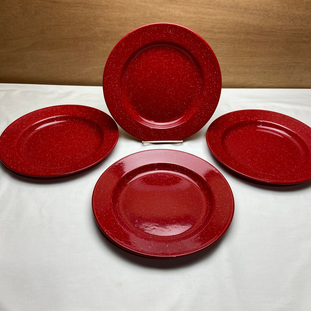 Red Enamel Plates SET of 4 Wide Rim Speckled With White 10" Diameter ...
