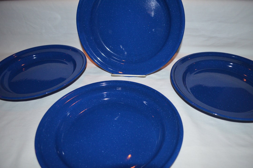 SET of 4 LARGE 10.5 Inch Diameter Blue Enamelware Plate Bowl Speckled ...