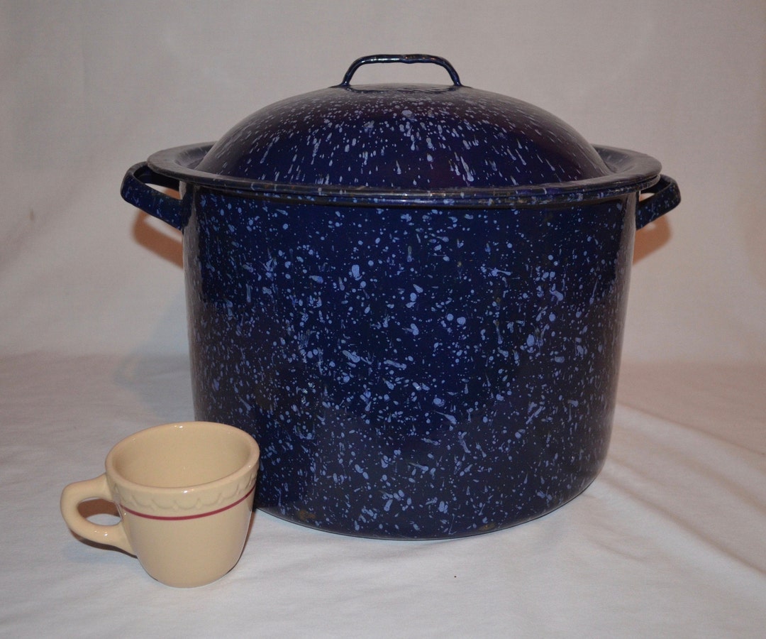 Vintage LARGE Canning Stock Pot Dark Blue Graniteware Enamelware With ...
