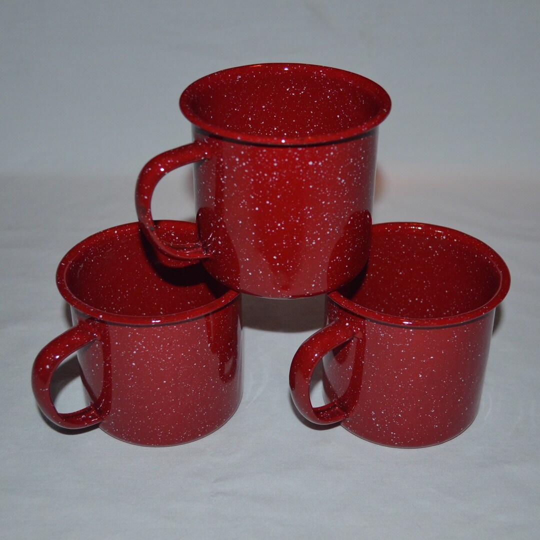 SET of 3 Red Enamelware Coffee Mugs Spattered With White Spatterware ...