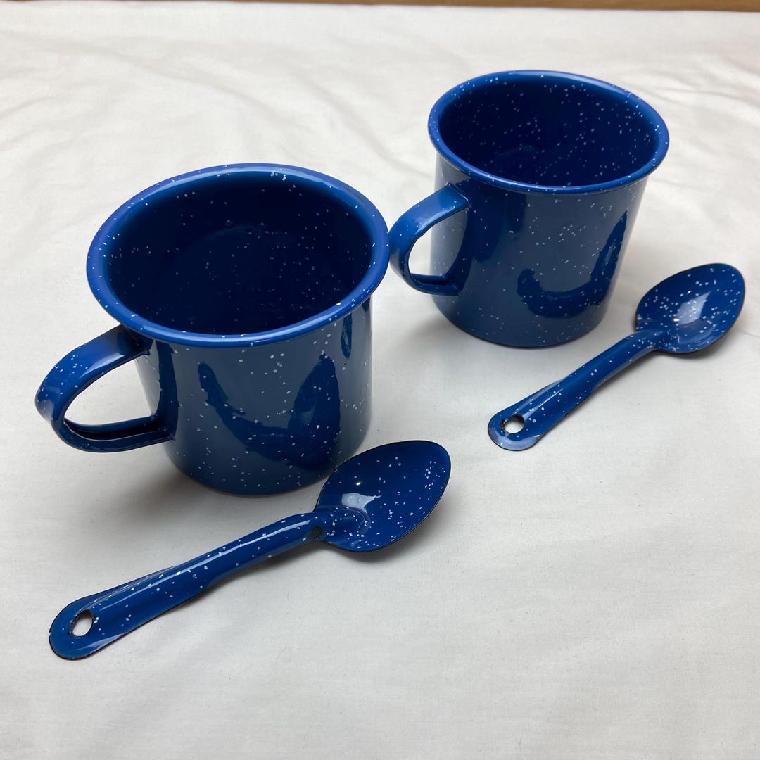 SET of 2 SUPER SIZE Extra Large Blue Enamelware Coffee Mugs With Enamel ...