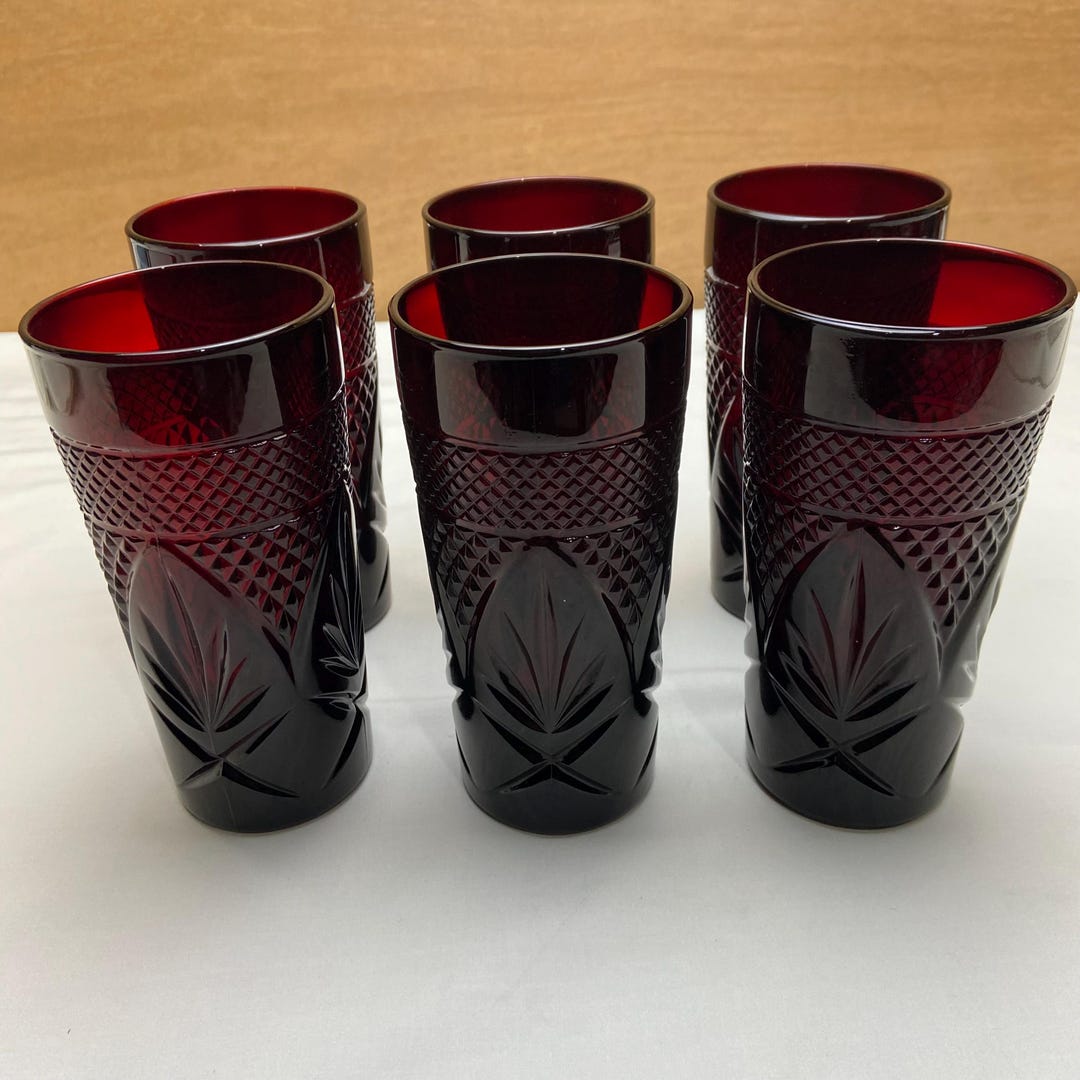 SET of 6 Luminarc Ruby Red Glass Drink Tumblers Iced Tea Pressed Glass ...