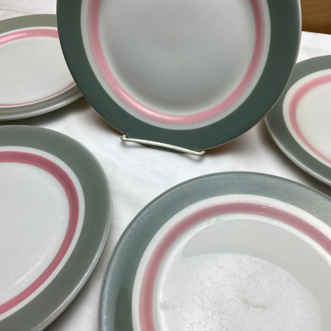SET of 5 Shenango Rimrol China 9" Dinner Luncheon Plate Gray Pink Bands ...