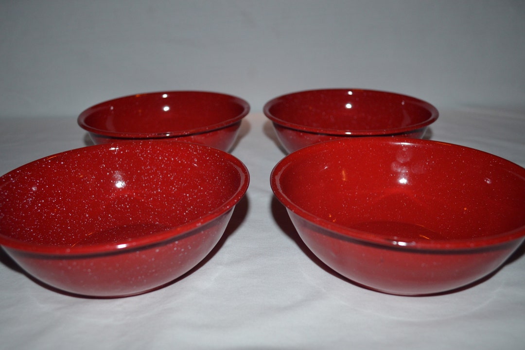 SET of 4 Cereal Soup Bowls RED Enamel With White Speckling 6.25 Inch ...