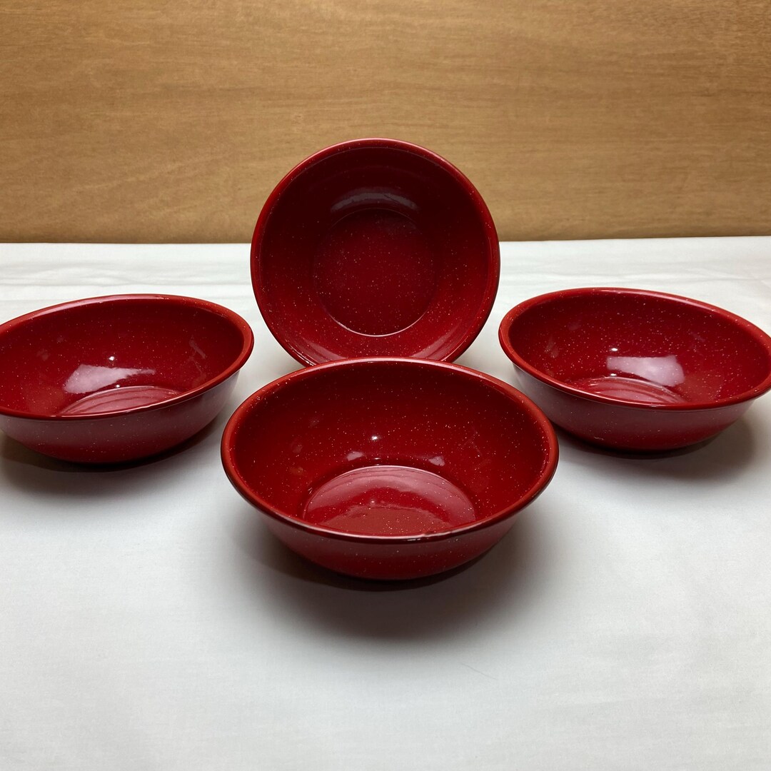 SET of 4 Cereal Soup Bowls RED Enamel With White Speckling 6.25 Inch ...