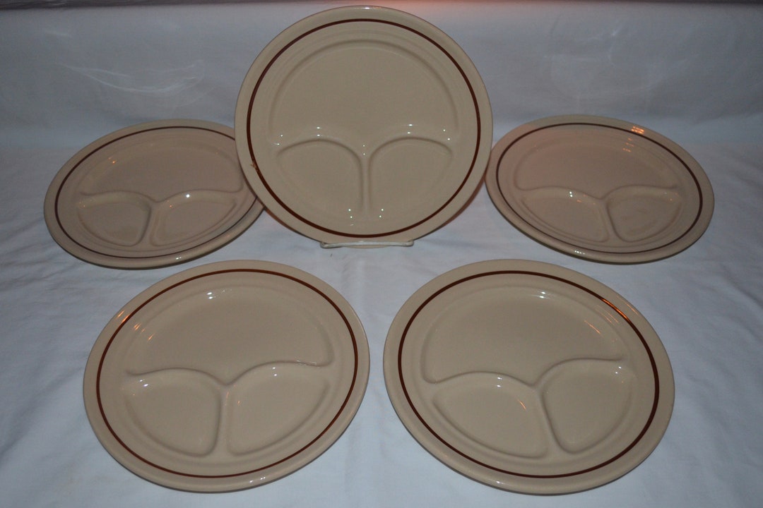 SET of 5 Buffalo China Cafe Divided Grill Plates Tan With Brown Stripe ...