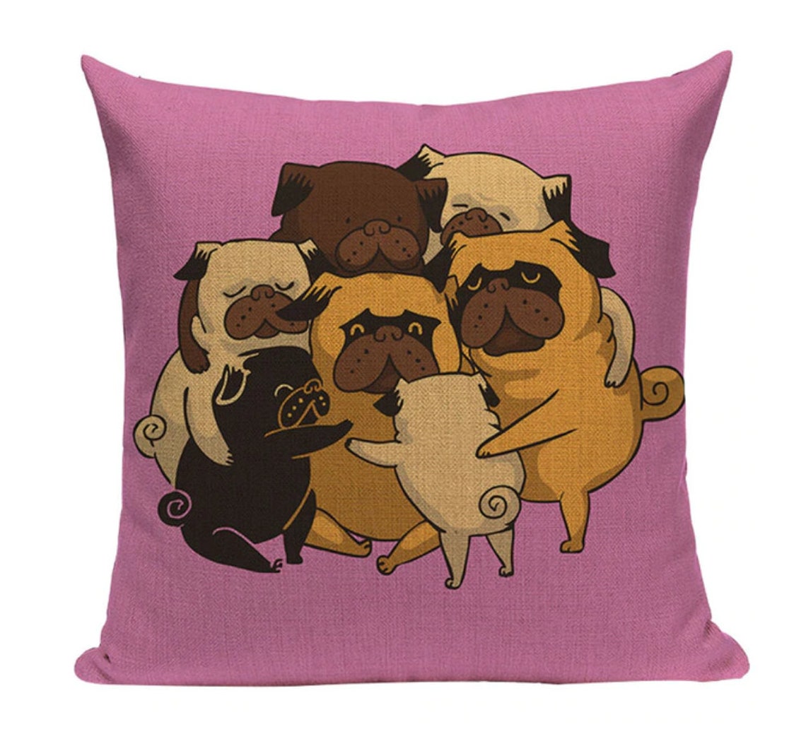 Pug Group Hug PUG4 Cushion Pillow Cover Cartoon Pet French | Etsy