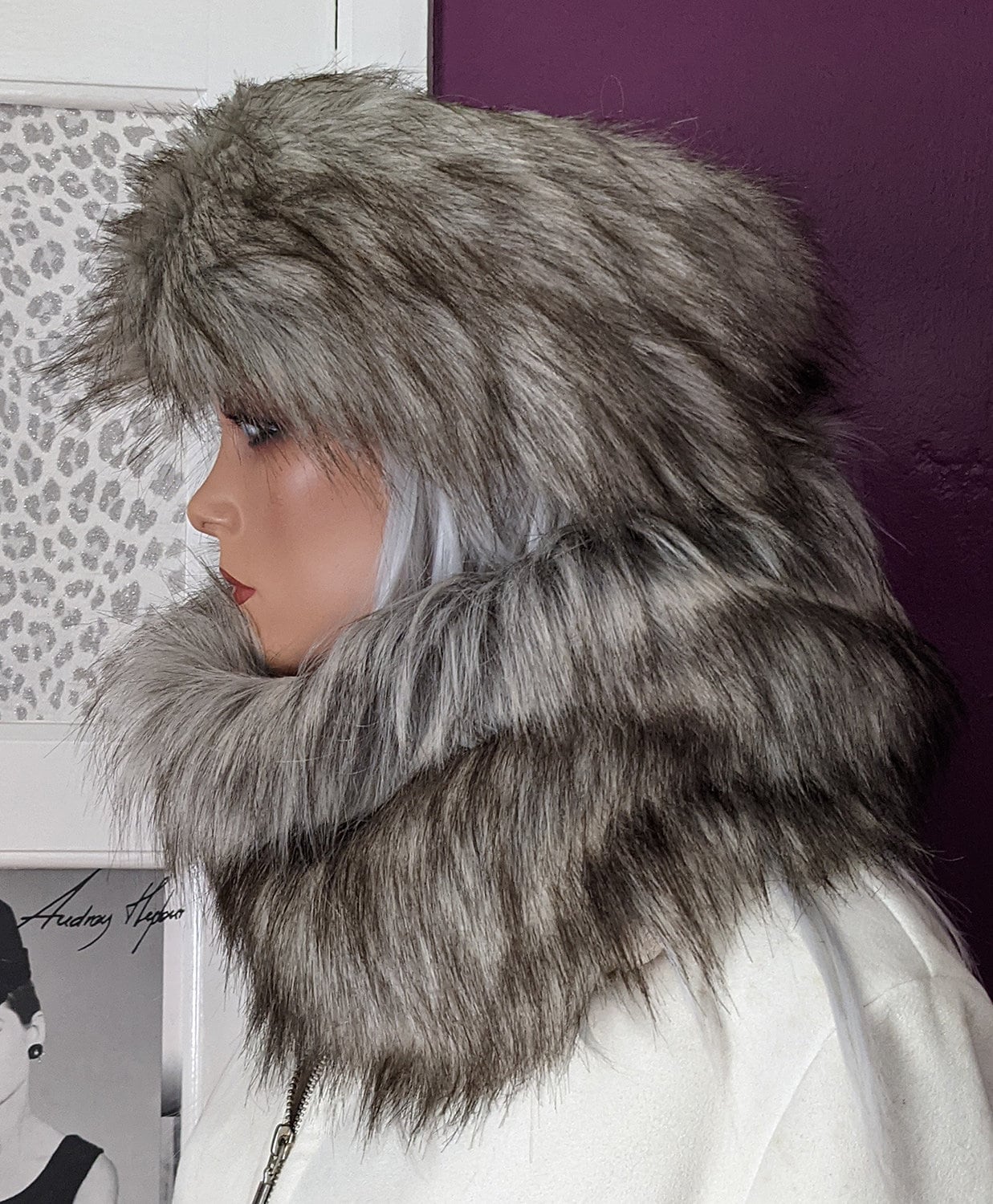 Grey Fur Neck Scarf Snood in Luxurious 60mm Grey Wolf Faux Fur With ...