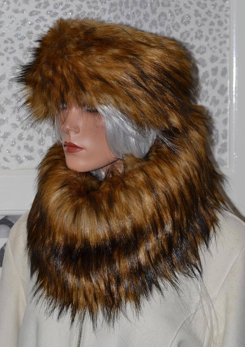 Luxury Snood Scarf in Auburn Brown Long Haired Faux Fur, With Black ...