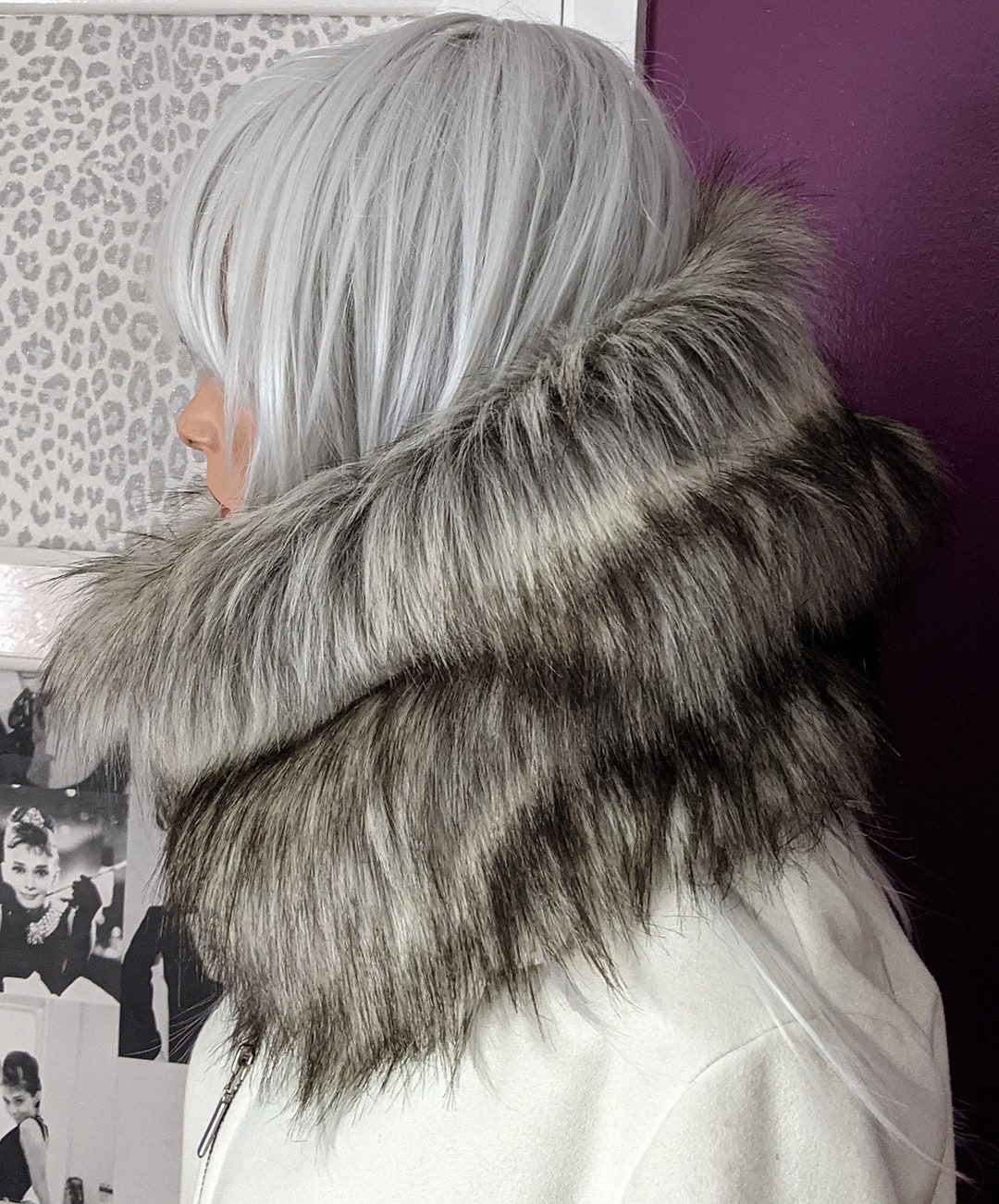 Grey Fur Neck Scarf Snood in Luxurious 60mm Grey Wolf Faux Fur With ...