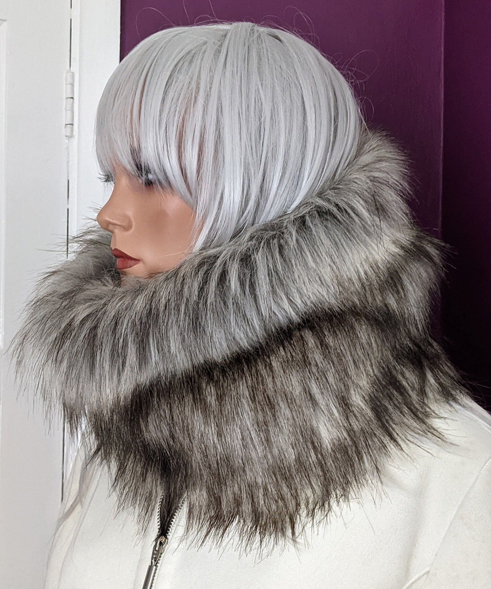 Grey Fur Neck Scarf Snood in Luxurious 60mm Grey Wolf Faux Fur With ...