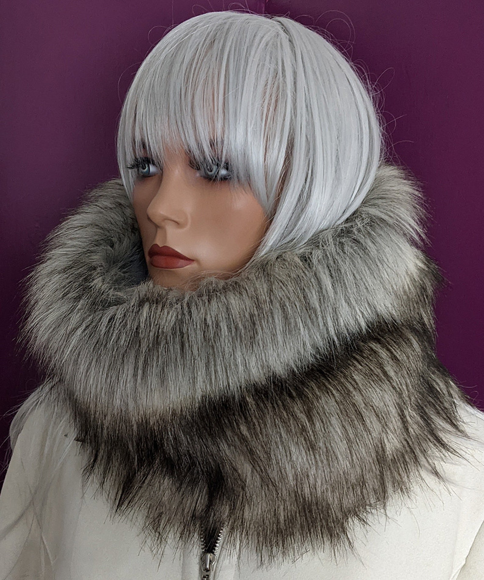 Grey Fur Neck Scarf Snood in Luxurious 60mm Grey Wolf Faux Fur With ...