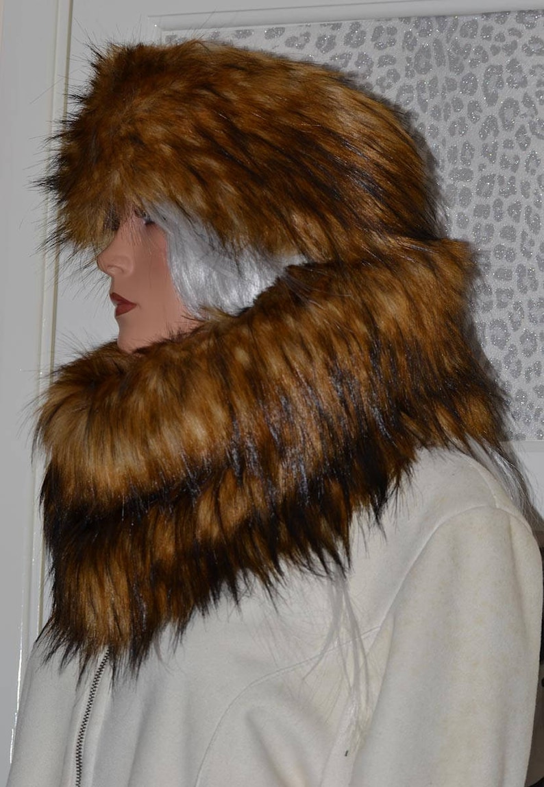 Luxury Snood Scarf in Auburn Brown Long Haired Faux Fur, With Black ...