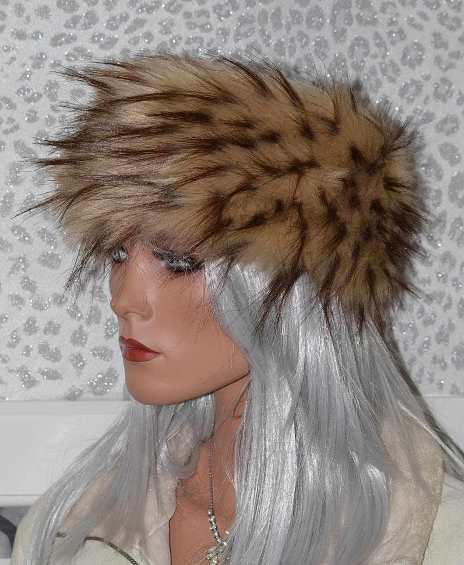 Gorgeous Long Haired Luxury Beige Faux Fur Headband With Spiky Brown ...