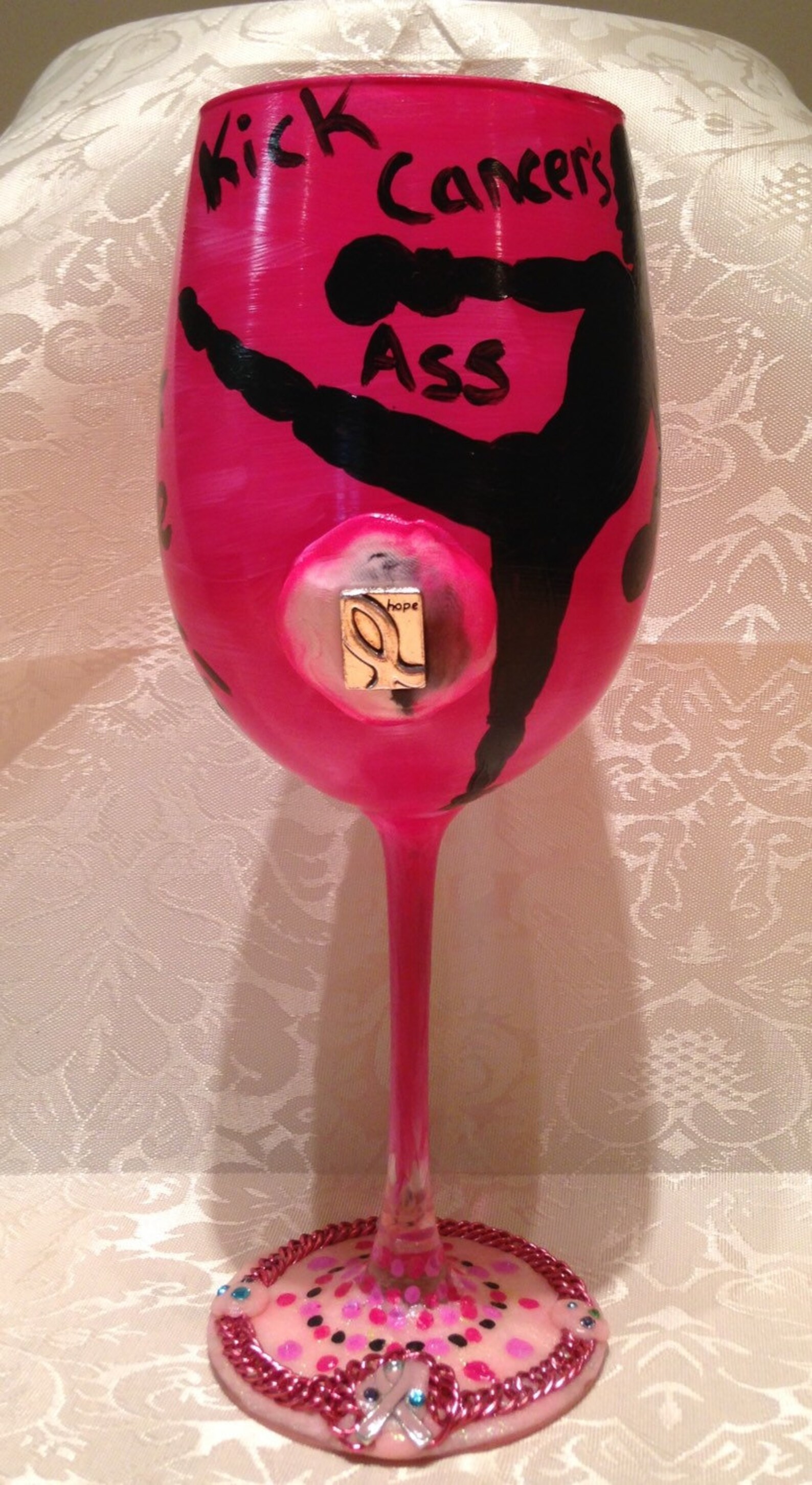 Pink kick Cancer's Ass Wine Glass With Glitter - Etsy
