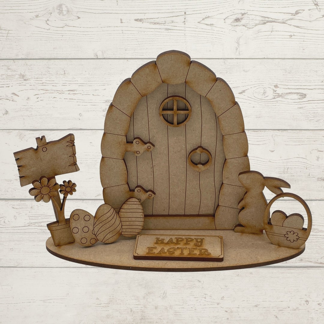 Laser Cut MDF Wooden Easter Fairy Door Craft Kit With Accessories Stand ...
