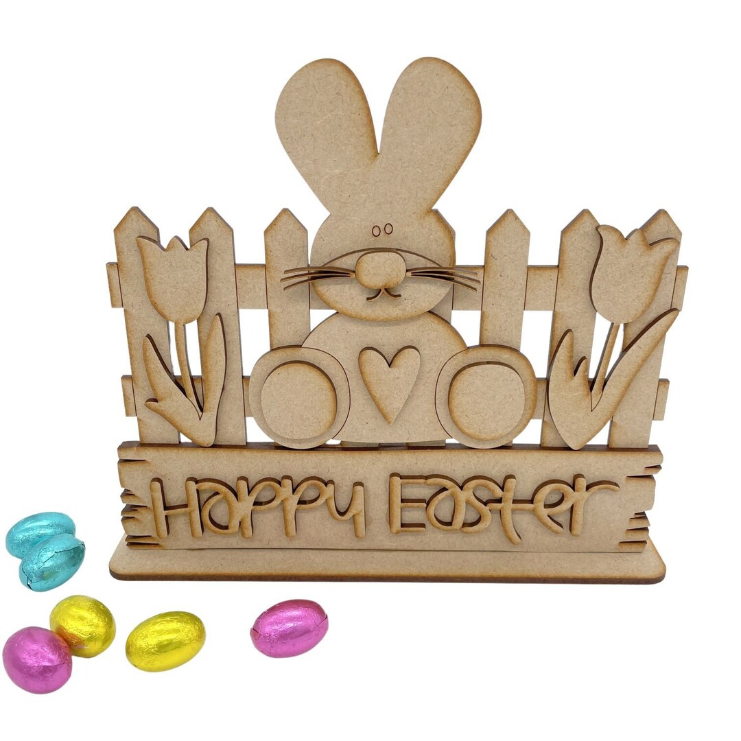 MDF Easter DIY Wooden Craft Blank Easter Bunny Fence Happy Easter Sign ...