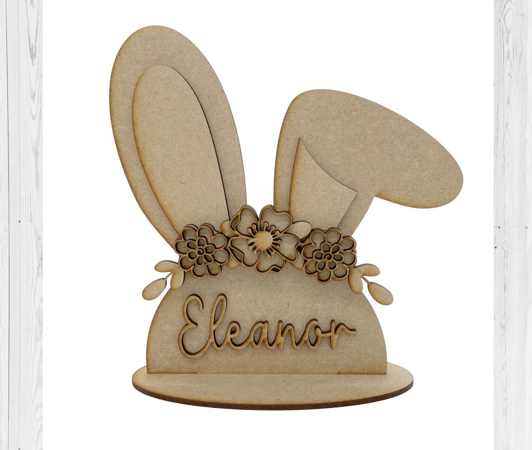 MDF Easter DIY Wooden Craft Blank Easter Bunny Ears With Name & Floral ...