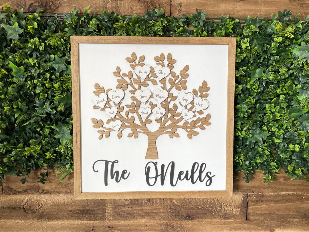 Personalised Family Tree Framed Wooden Sign, Home Wall Decor, Farmhouse ...