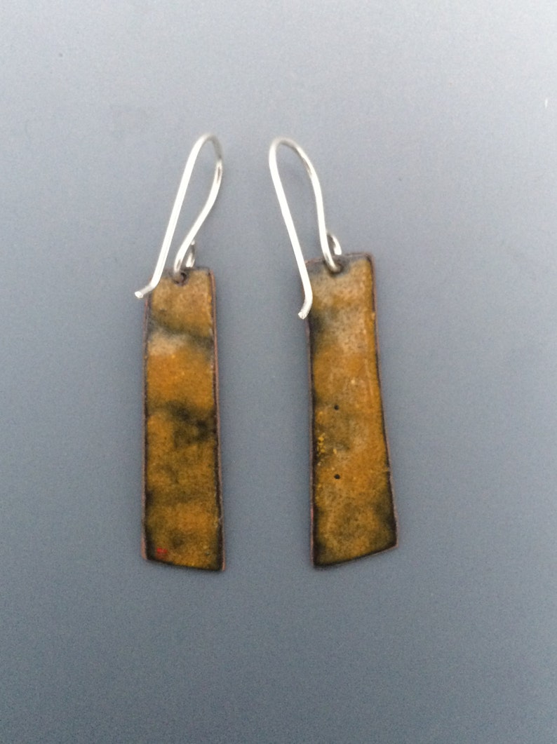 Long Bar Earrings Enameled Copper Striped Rustic Etsy