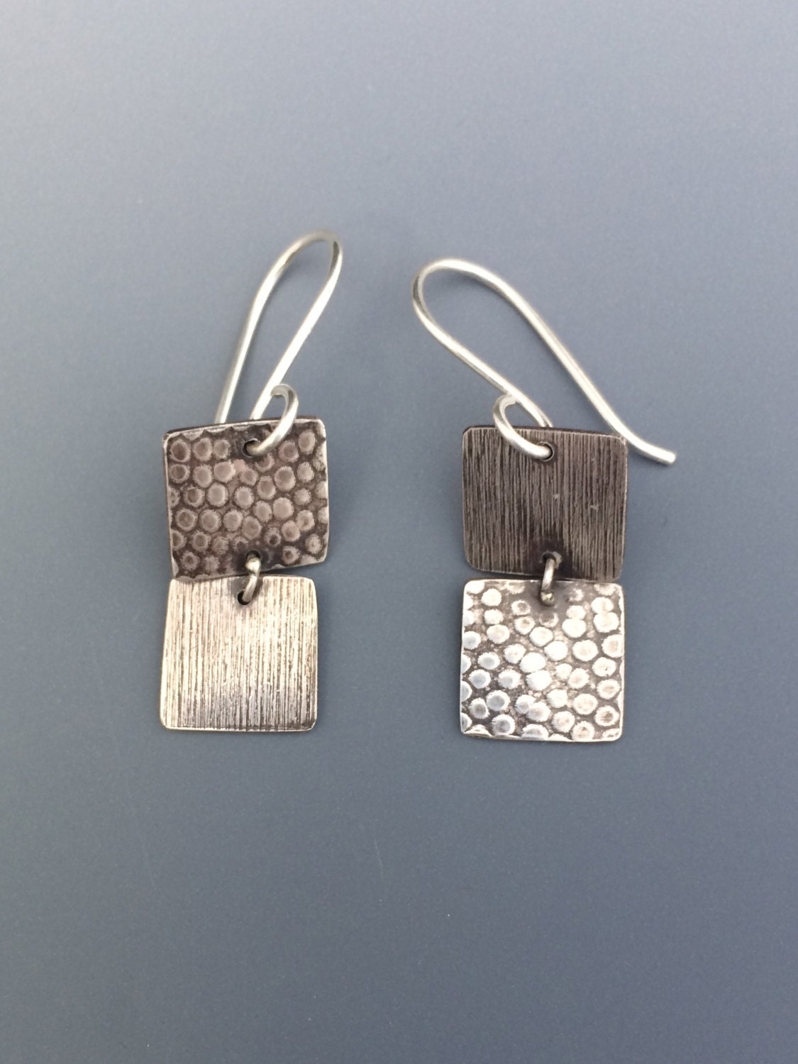 Geometric Minimalist Square Dangle Earrings - Textured Sterling Silver ...
