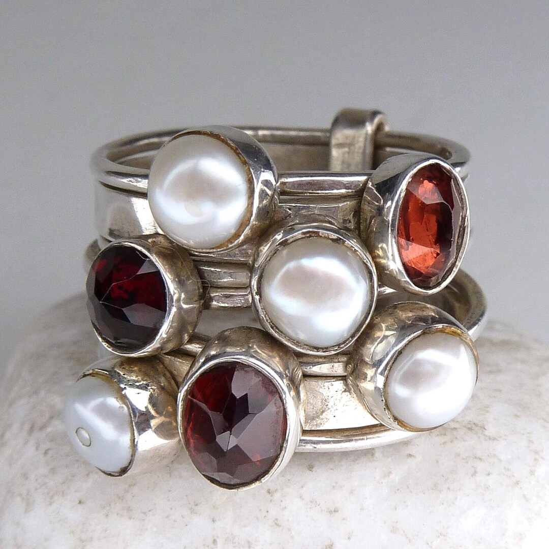 GARNET + PEARL 7-stack Ring (US 7 1/2) Silversari Solid Silver STR1500 ...