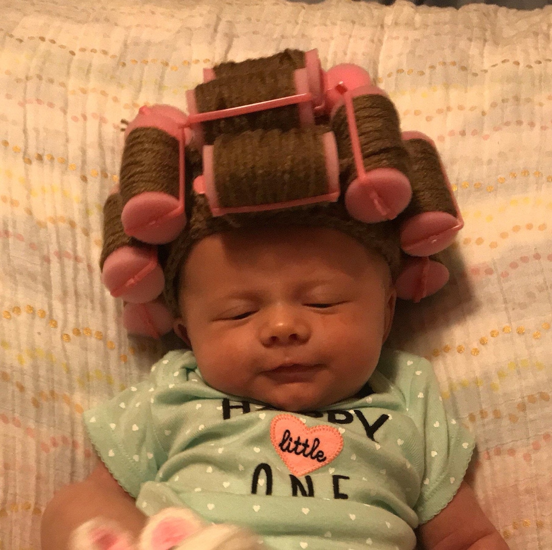 Crochet Baby Curler Hat - Newborn Old Lady Wig - Funny, Photo Prop ...