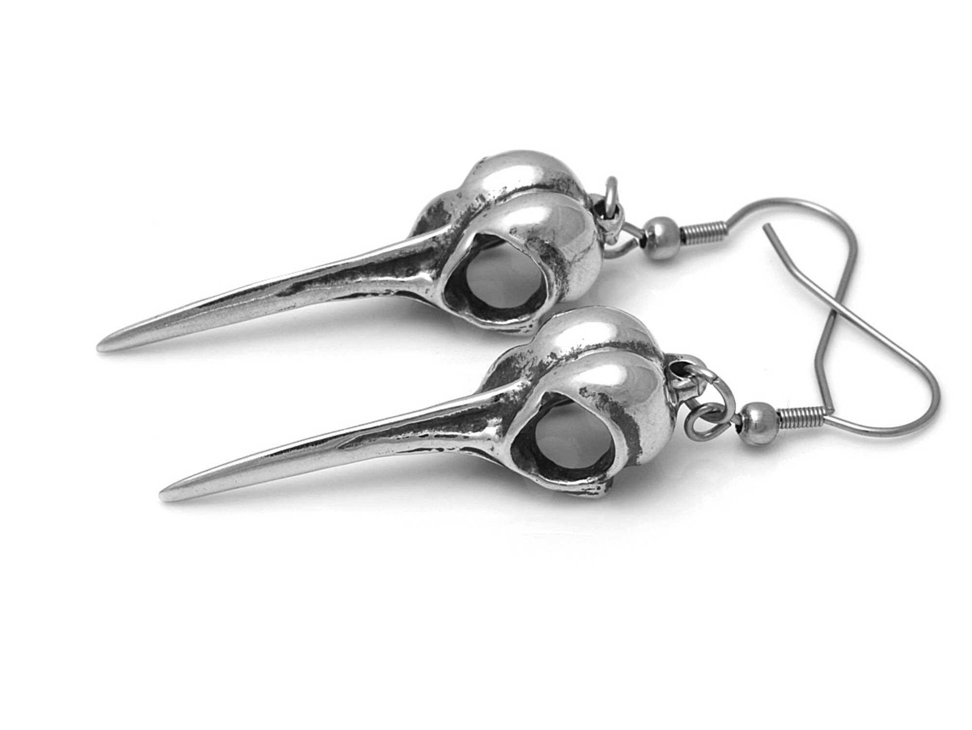 Hand Carved Hummingbird Skull Earrings in Pewter, Dangling Bird Heads ...