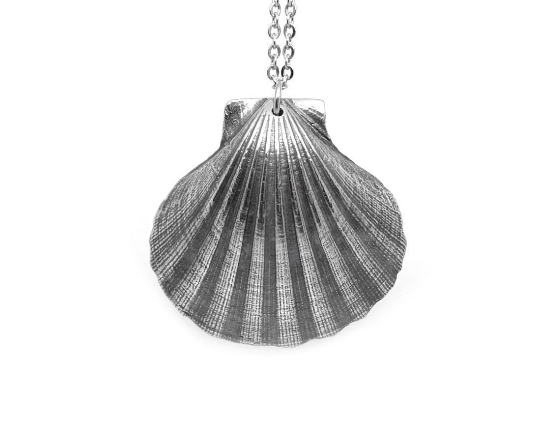 Scallop Necklace in Pewter Sea Shell Pendant Beach Jewelry - Etsy