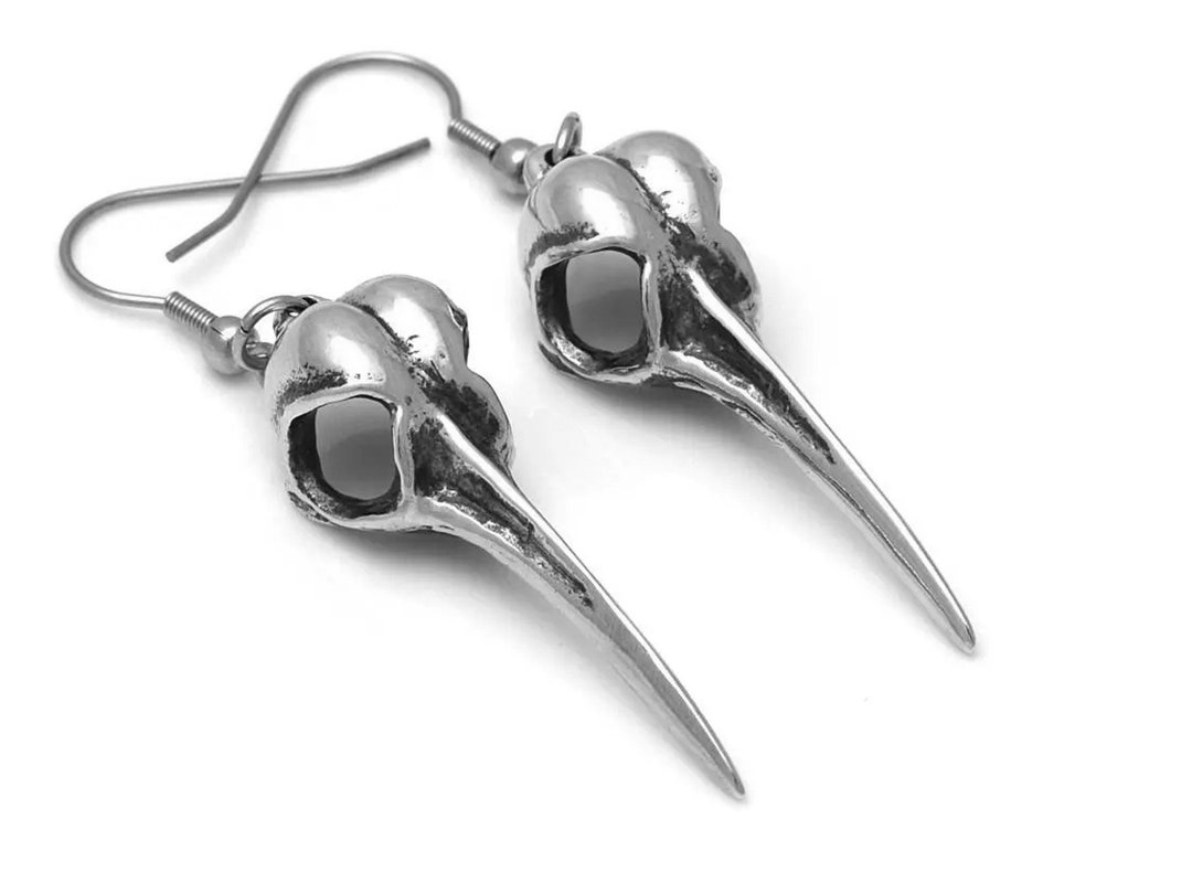 Hand Carved Hummingbird Skull Earrings in Pewter, Dangling Bird Heads ...
