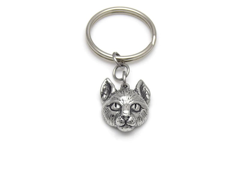 Handmade Cat Keychain in Polished Pewter Kitty Face Charm Key - Etsy