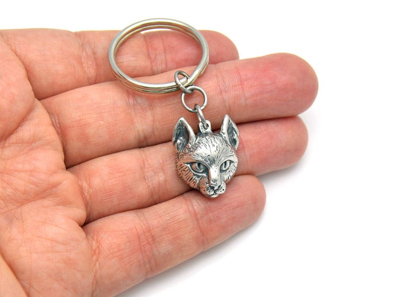 Handmade Cat Keychain in Polished Pewter Kitty Face Charm Key - Etsy