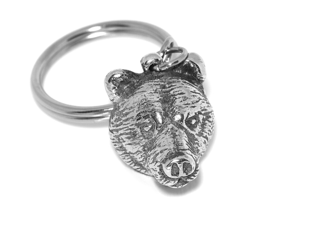 Bear Head Keychain, Handmade Animal Keyring in Pewter on 30 Mm Key Ring ...