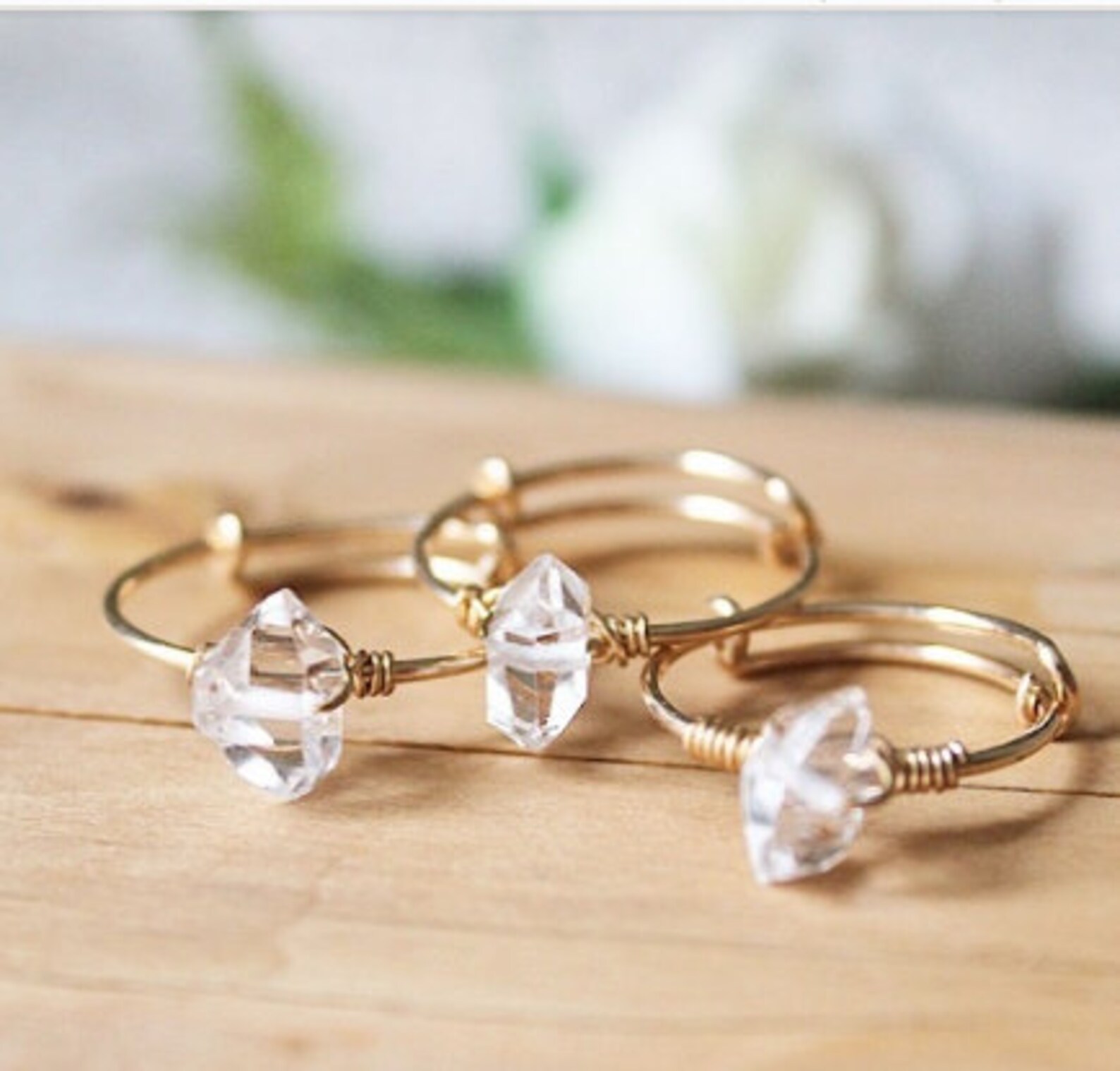 Dainty Genuine Herkimer Diamond Crystal Set in Gold Adjustable Wire Wrapped Ring - Etsy