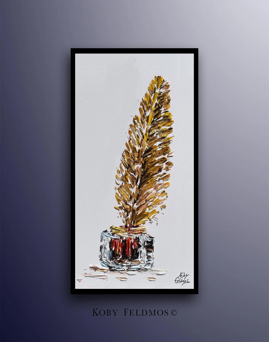 Golden Quill 40" Original Oil Painting, Classic Feather Pen in Golden ...