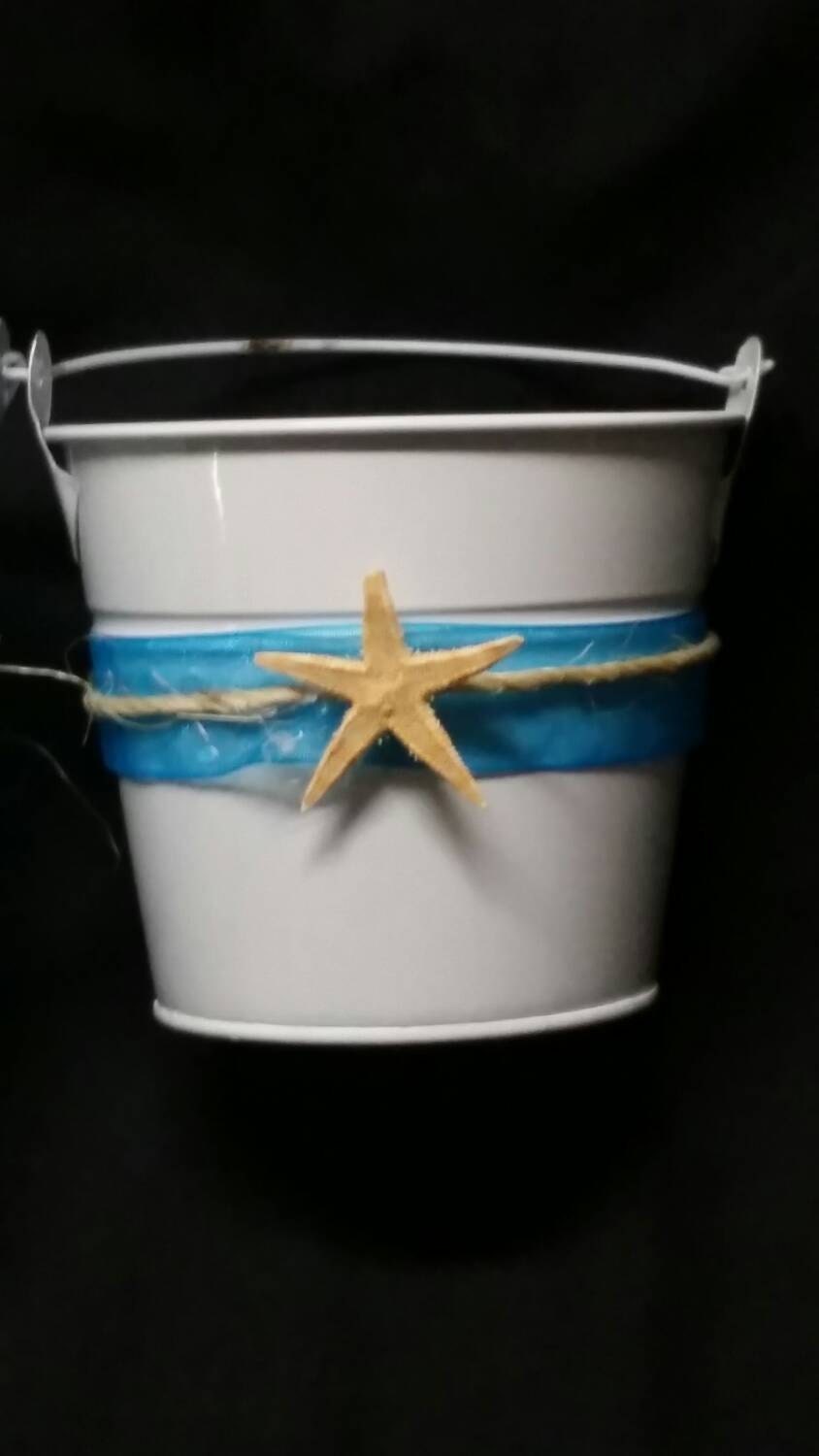 A Set of 2 Beach Theme Pails With Teal Ribbon, Starfish and Shell. Can ...